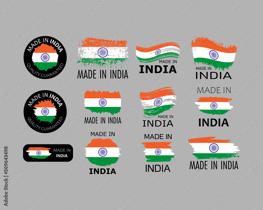 Set of stickers. Made in India. Brush strokes shaped with Indian flag ...