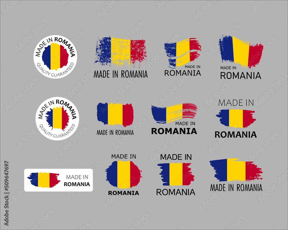 Set of stickers. Made in Romania. Brush strokes shaped with Romanian ...