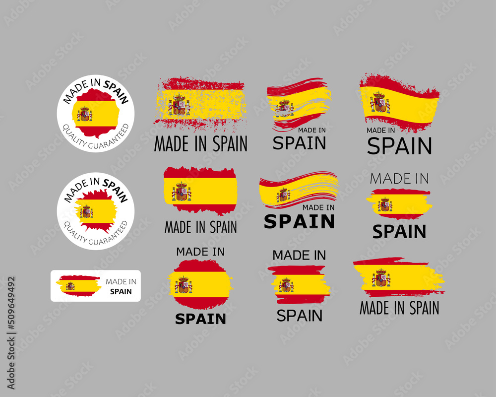 Set of stickers. Made in Spain. Brush strokes shaped with Spanish flag ...