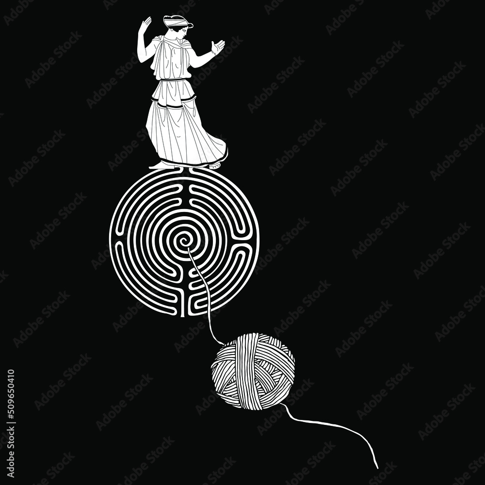 Ancient Greek girl standing on top of a round spiral maze or labyrinth ...