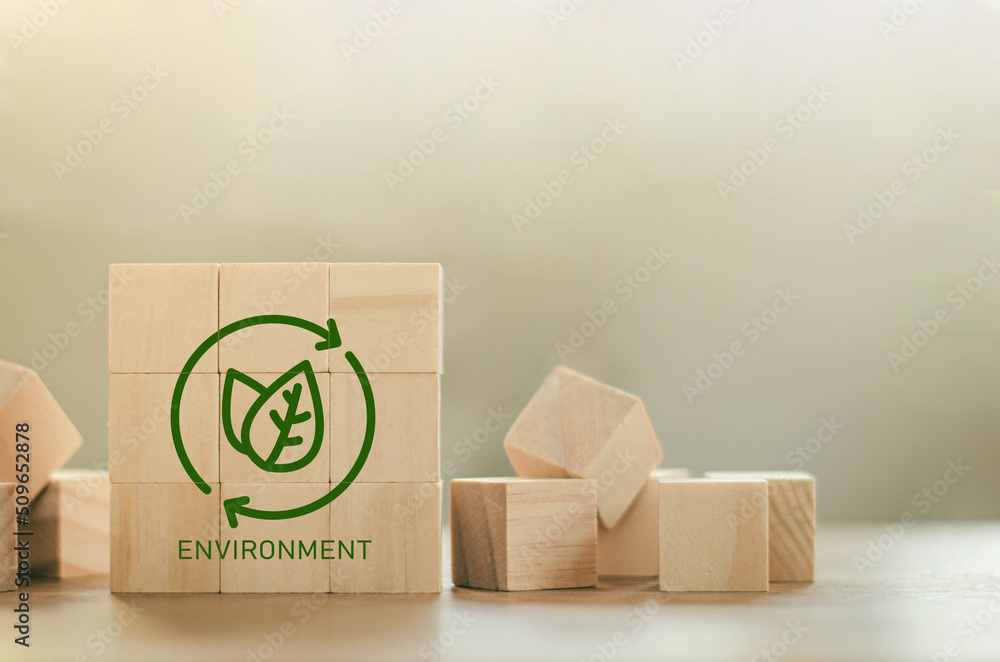 Green environment concept on wood block in circular economy business ...