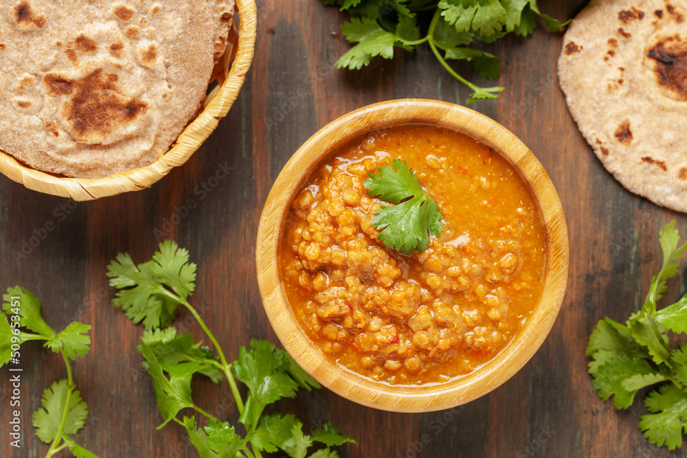 Indian dal food (Masoor Dal or Dal Tadka Curry) and homemade Flatbread ...