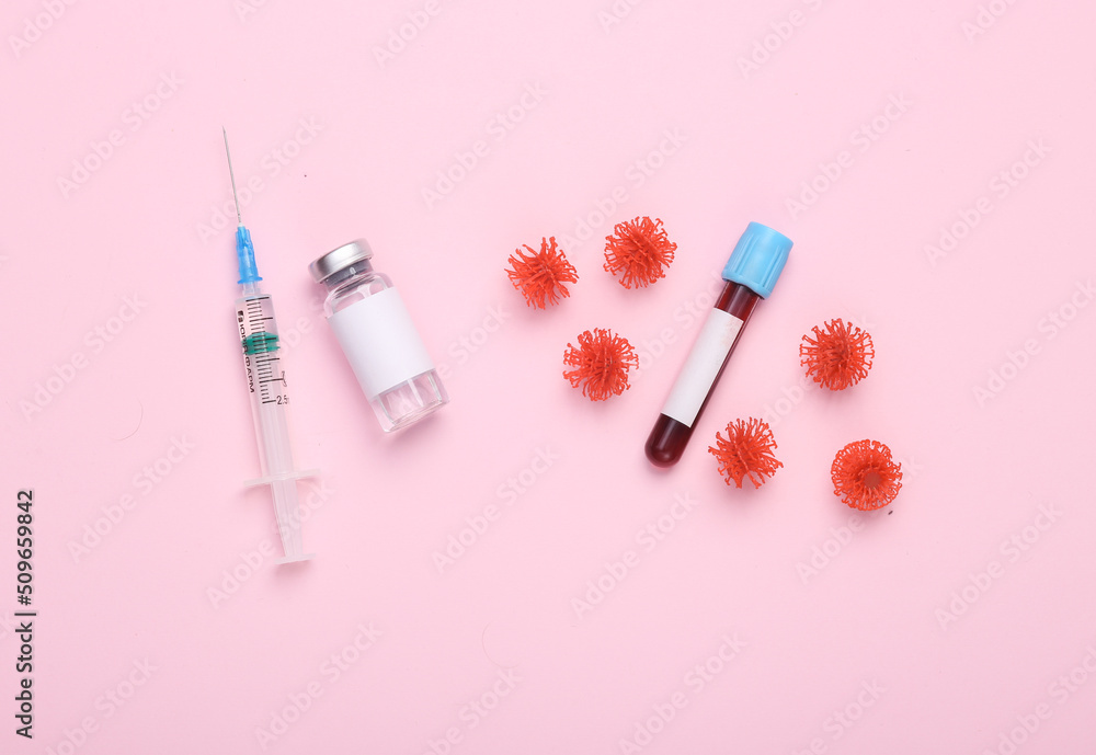 Testing and vaccination, covid 19 treatment. Vaccine bottle and blood ...