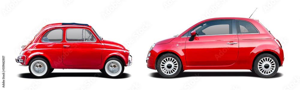 Fiat new 500 & Fiat 500 classic car, side view isolated on white ...