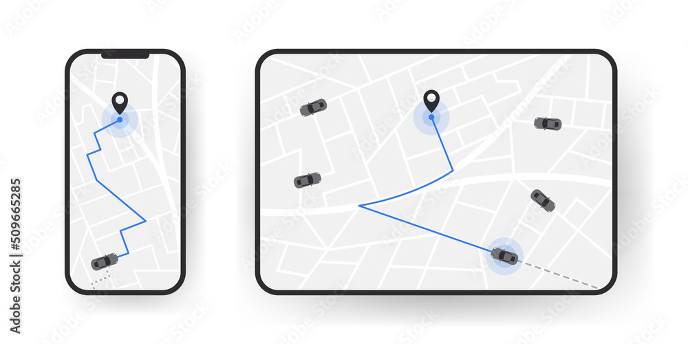 The route of the car on the device map. Traveling by car. Distance ...