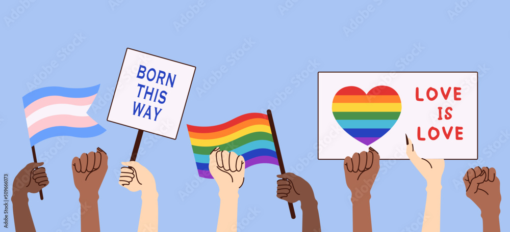 A crowd of people holding lgbt posters at a gay parade. Human rights ...