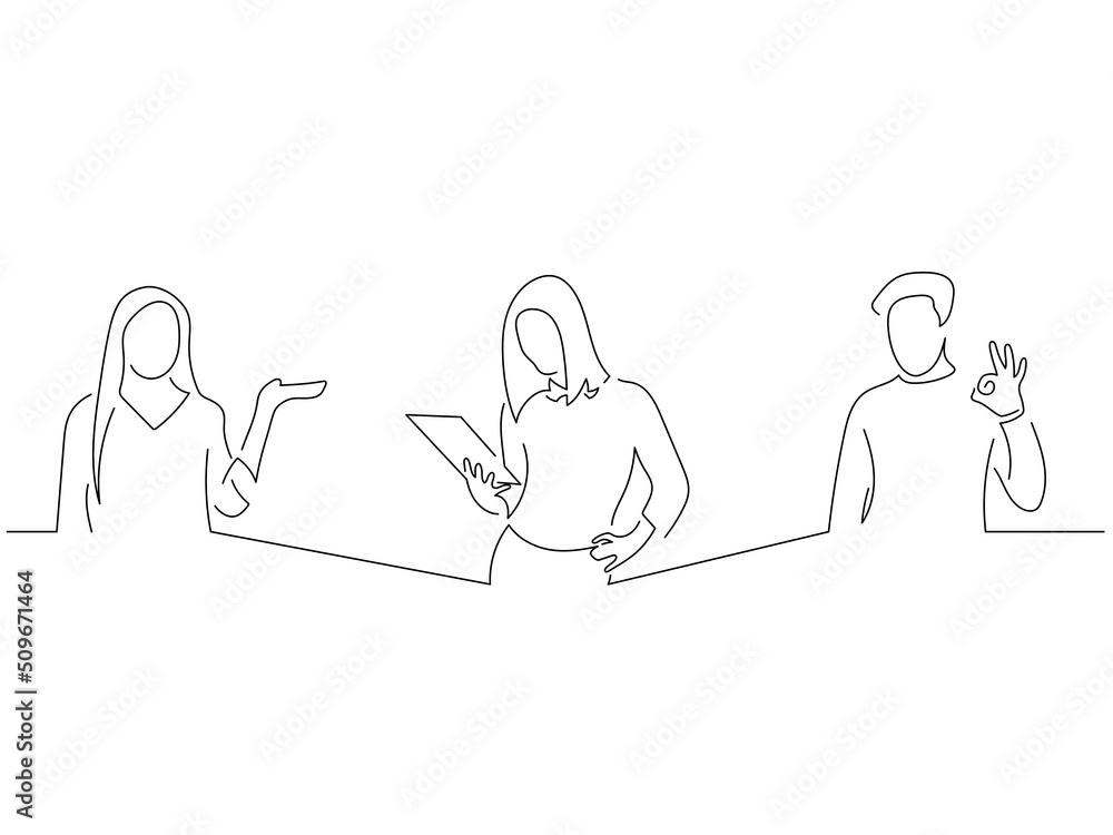 Young people in line art drawing style. Composition of three persons ...