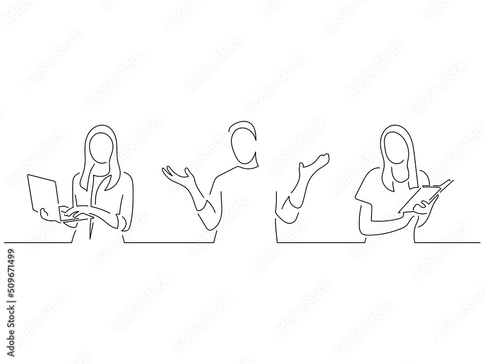 Young people in line art drawing style. Composition of three persons ...