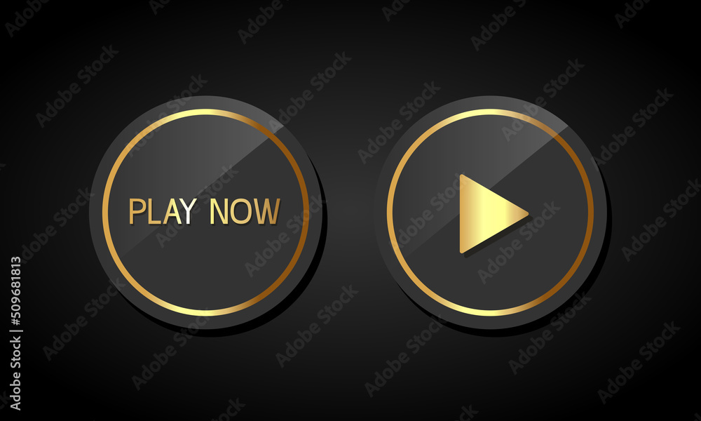 Circle black button Play now. Button with golden frame. Vector clipart ...