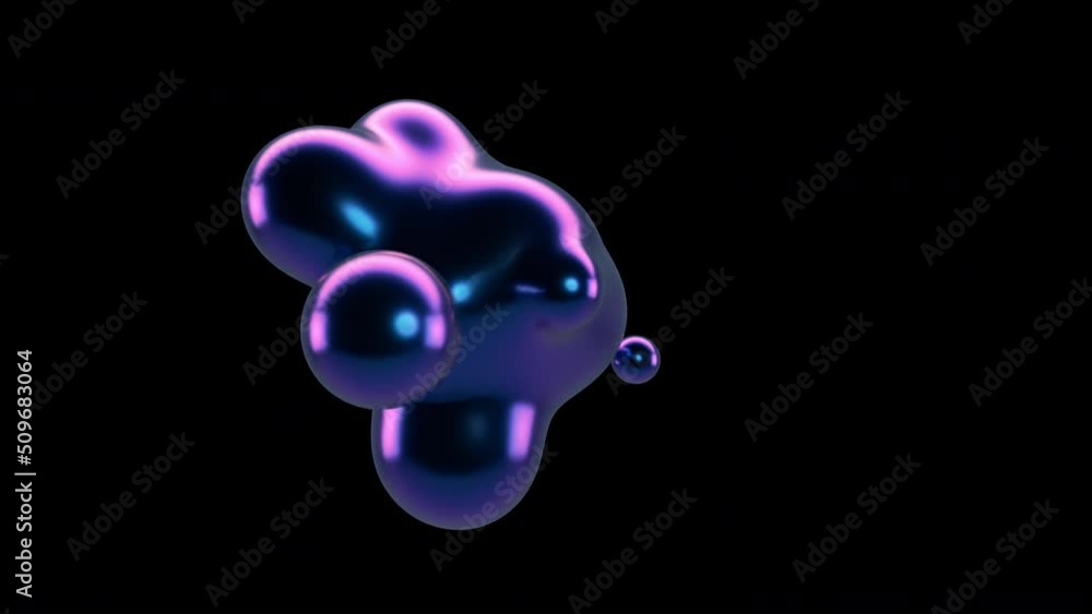 Fluid iridescent liquid blob, metaball morphing animation. Scattering, merging and flowing of ...