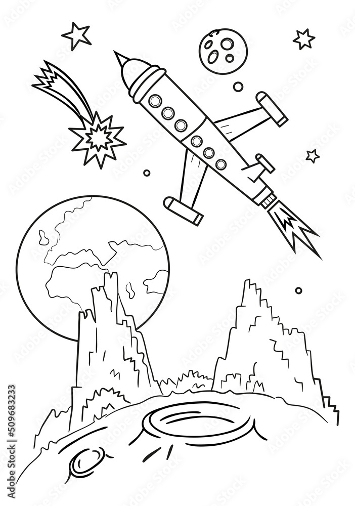 The rocket flies in space. You can see the surface of the moon with ...