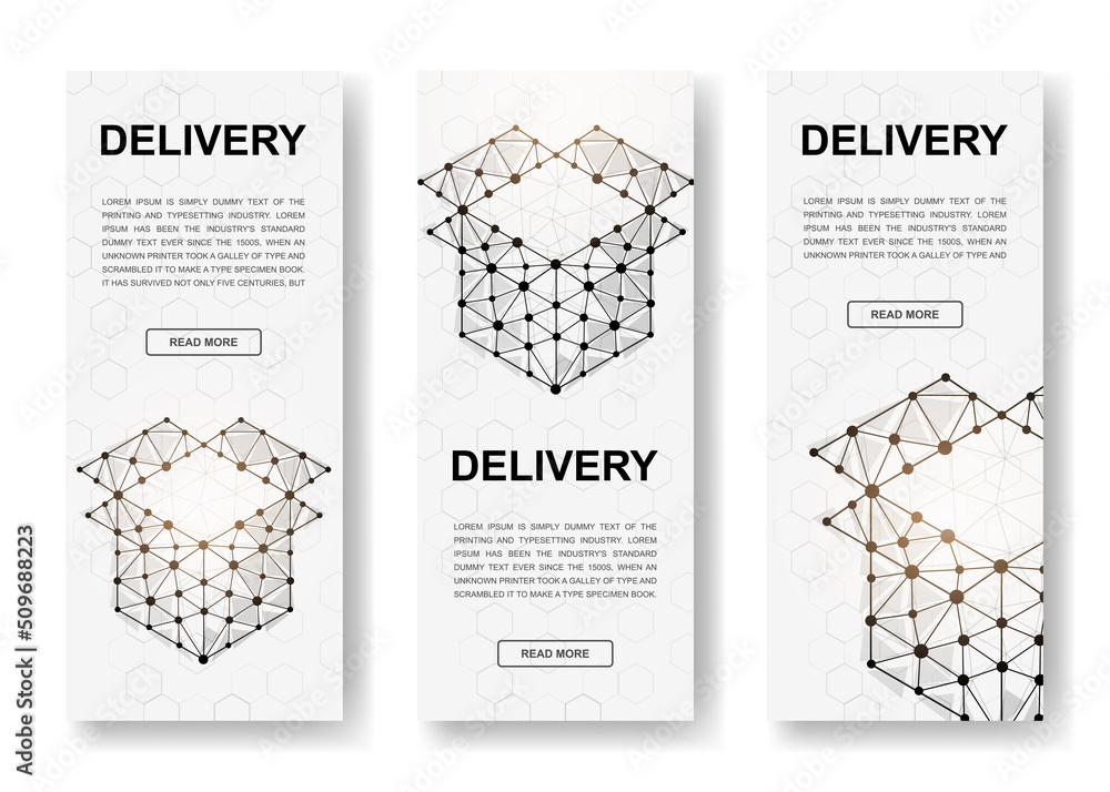 Set of three Open boxes polygonal vertical banners. 3d Giftbox low poly ...