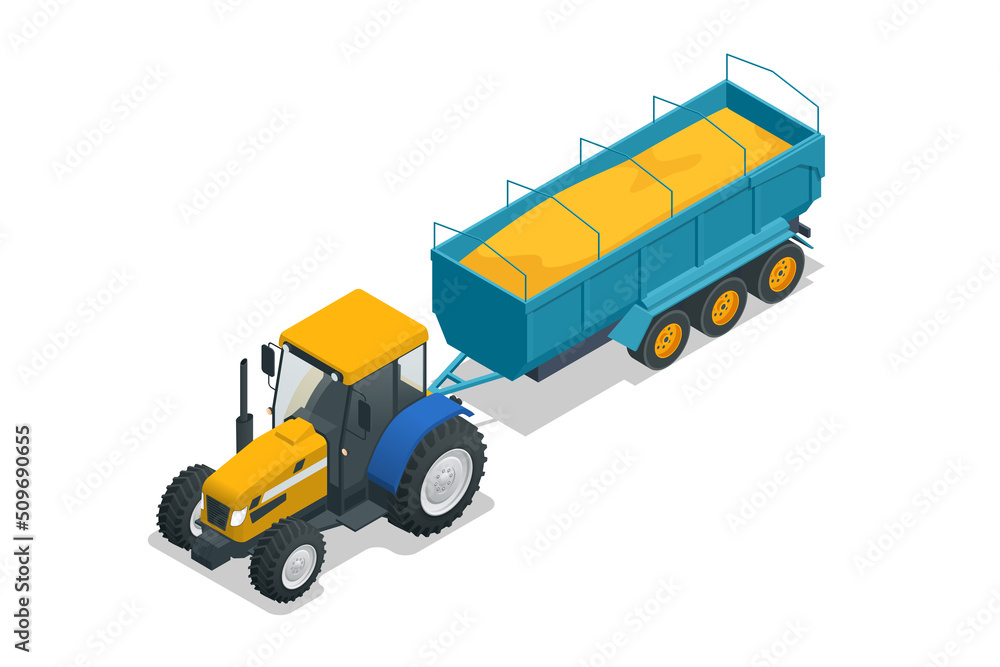 Isometric Agriculture Tractor with Grain Hopper Trailer. Semi tractor ...