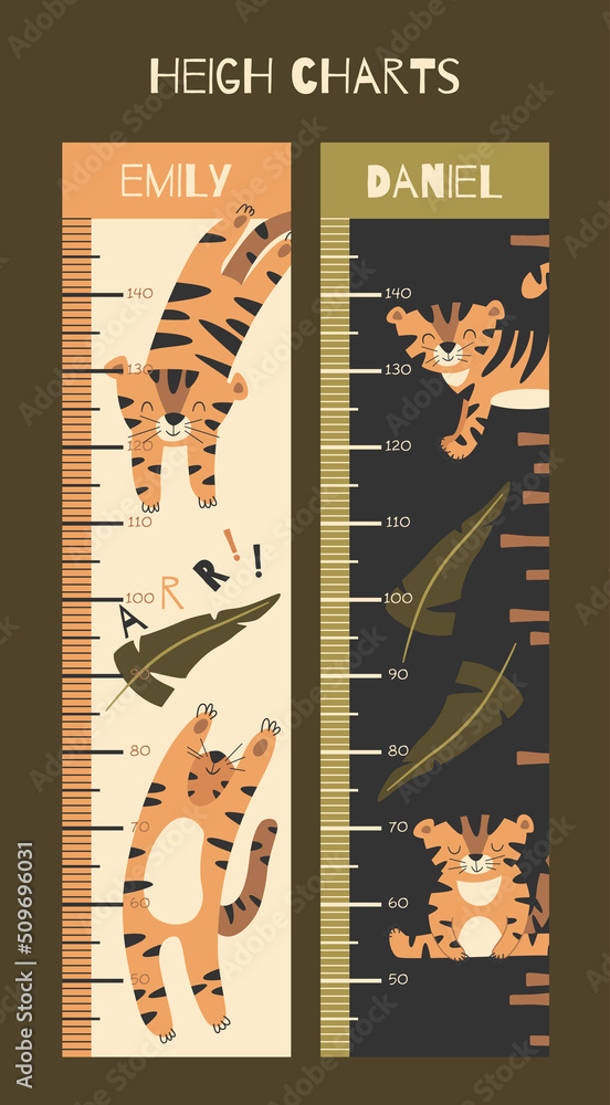 Height chart vector illustration with tiger. Kids growth chart with ...