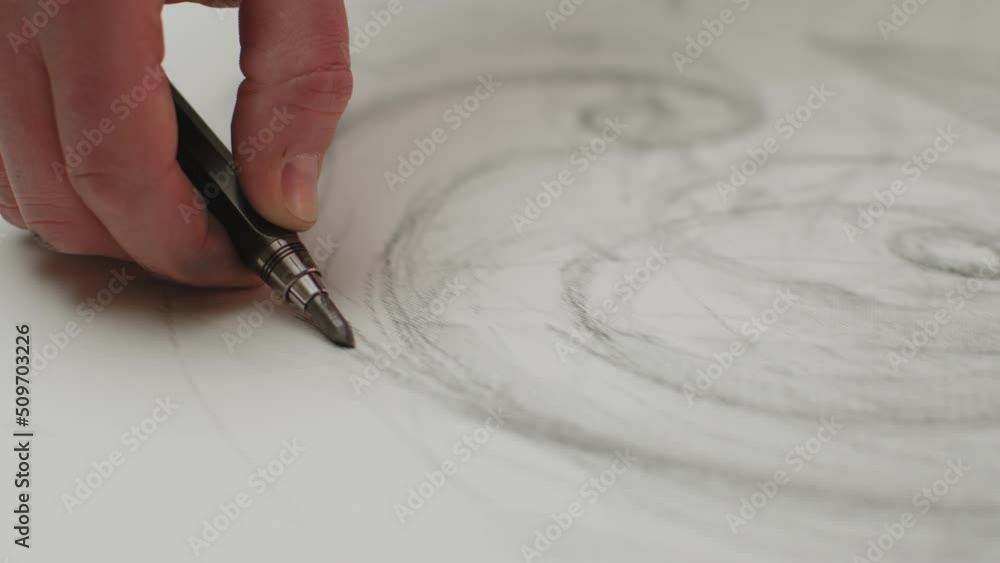 Artist hand drawing lines on canvas by pencil, painter create draft of ...