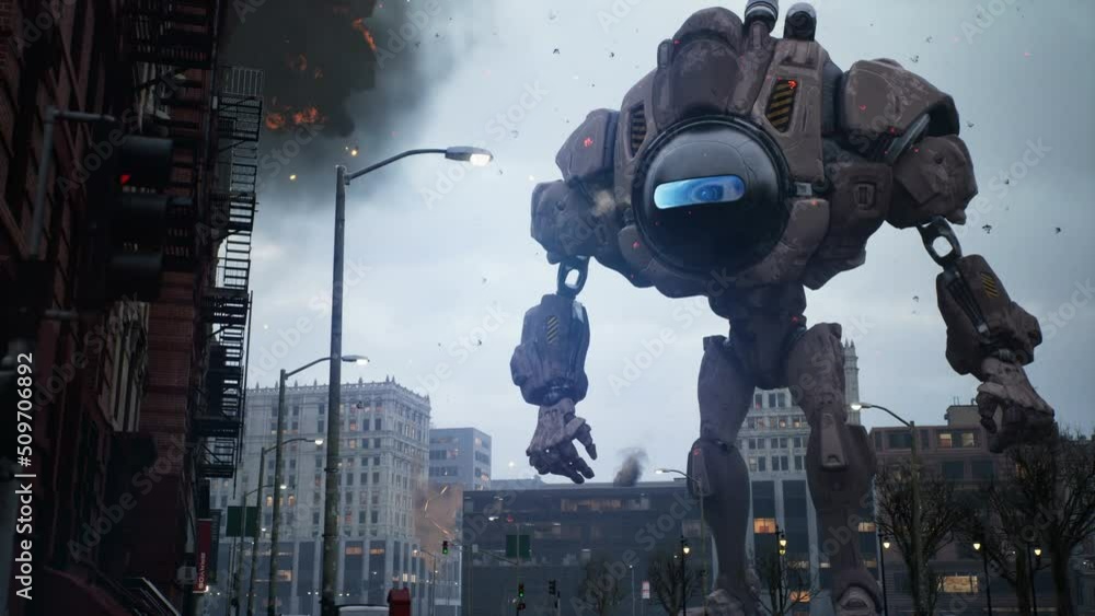 An alien giant robot invader destroys a city with its sizzling laser ...