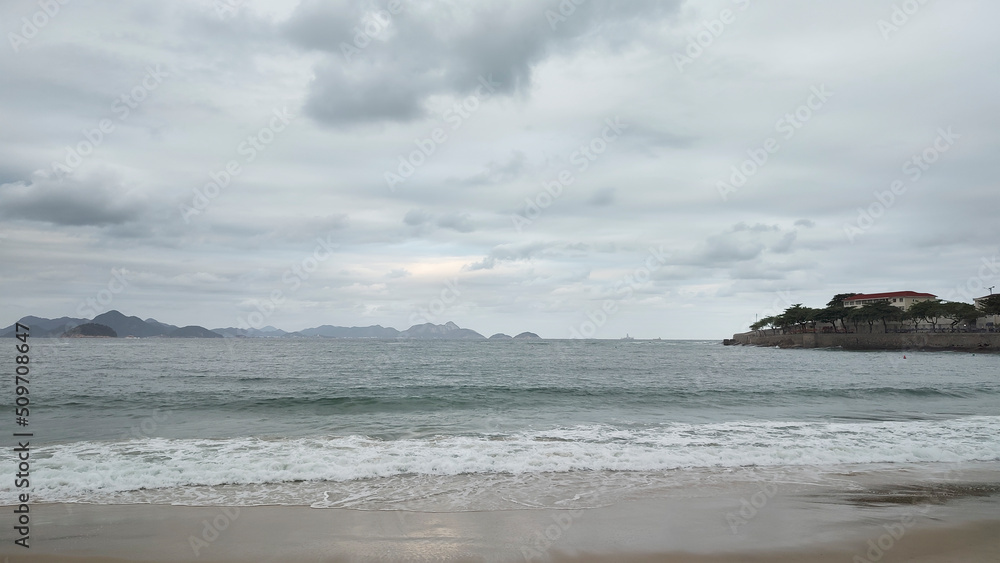 Copacabana Beach sand wave iron marina harbor ramp sea water bay street ...