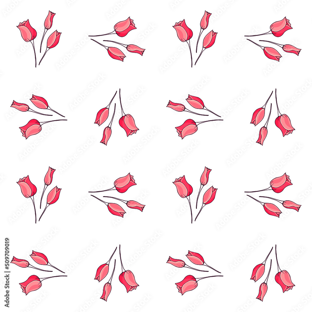 Seamless pattern of hand drawn pink tulips branches on white background ...