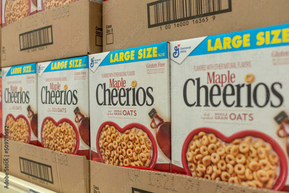 Maple Cheerios cereal for sale at the aisle of a supermarket. Stock ...