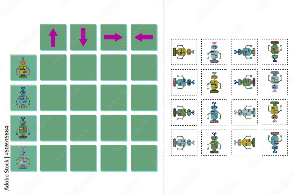 Line up the directions of the robots. Educational children's game ...