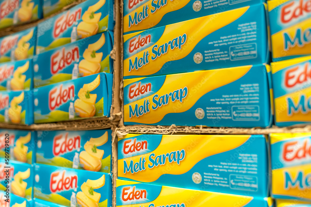 Boxes of Eden processed filled cheese for sale at an aisle of a ...