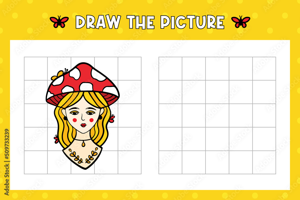 How to draw girl in mushroom hat. Draw, copy the picture activity for ...