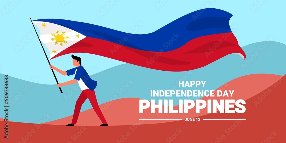 Philippines independence day banner, Young man waving flag, as ...