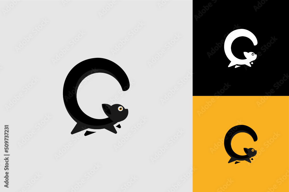 Initial C Letter Logo with cat, minimalist letter logo template design, black cat logo vector ...