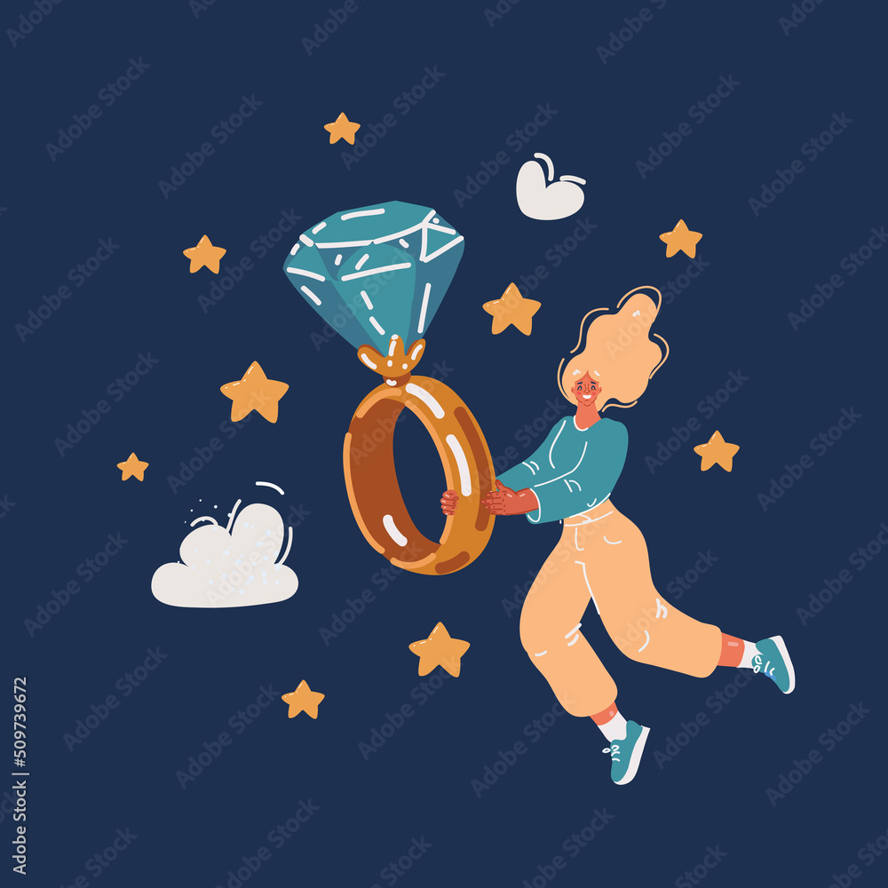 Cartoon vector illustration of woman hold ring with big gem Stock ...