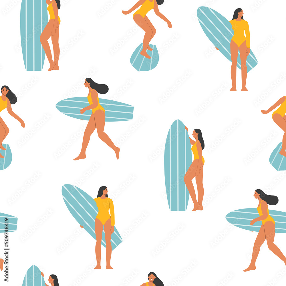 Seamless pattern with surfers. Holiday season at sea or ocean. Summer holidays on the beach ...