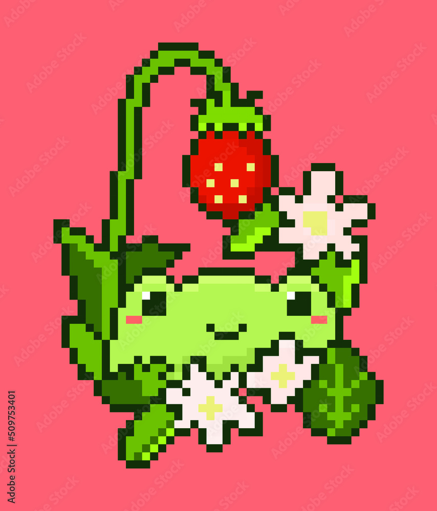 Cute pixel frog with strawberry nature Stock Vector | Adobe Stock