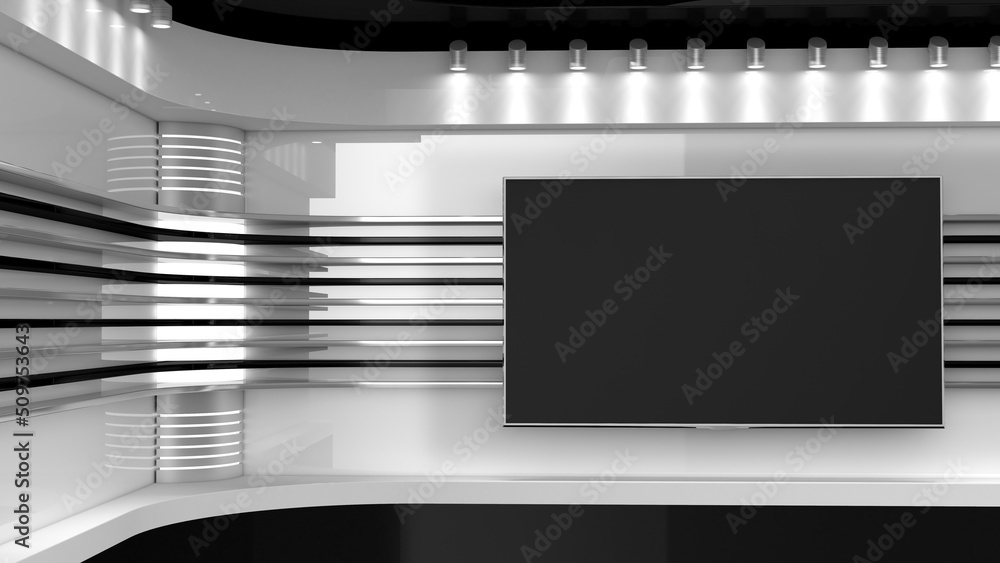 Tv Studio. Backdrop for TV shows. White background. TV on wall. News ...