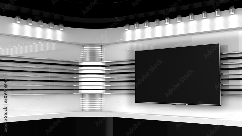 Tv Studio. Backdrop for TV shows. White background. TV on wall. News ...