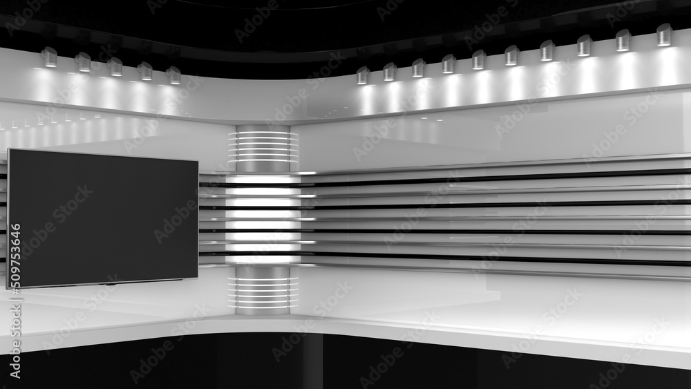 Tv Studio. Backdrop for TV shows. White background. TV on wall. News ...