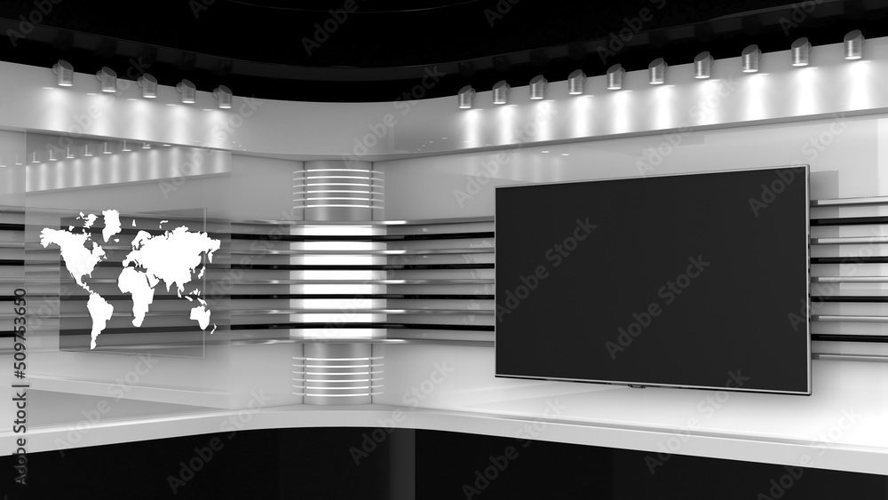 Tv Studio. Backdrop for TV shows. White background. TV on wall. News ...