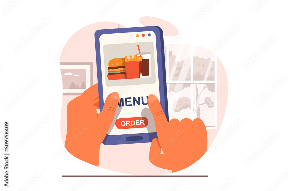 Food delivery web concept in flat design. Human hand holds mobile phone ...