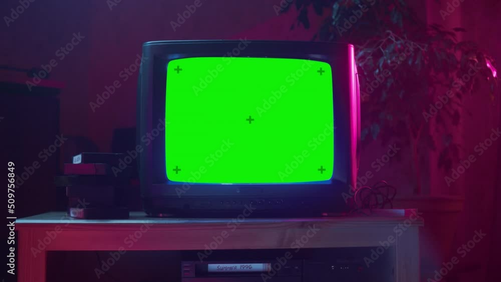 Close Up Footage of a Dated TV Set with Green Screen Mock Up Chroma Key ...