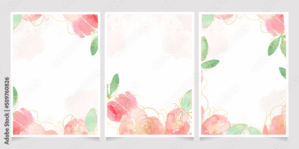 pink loose watercolor gold line art rose flower bouquet frame 5x7 ...