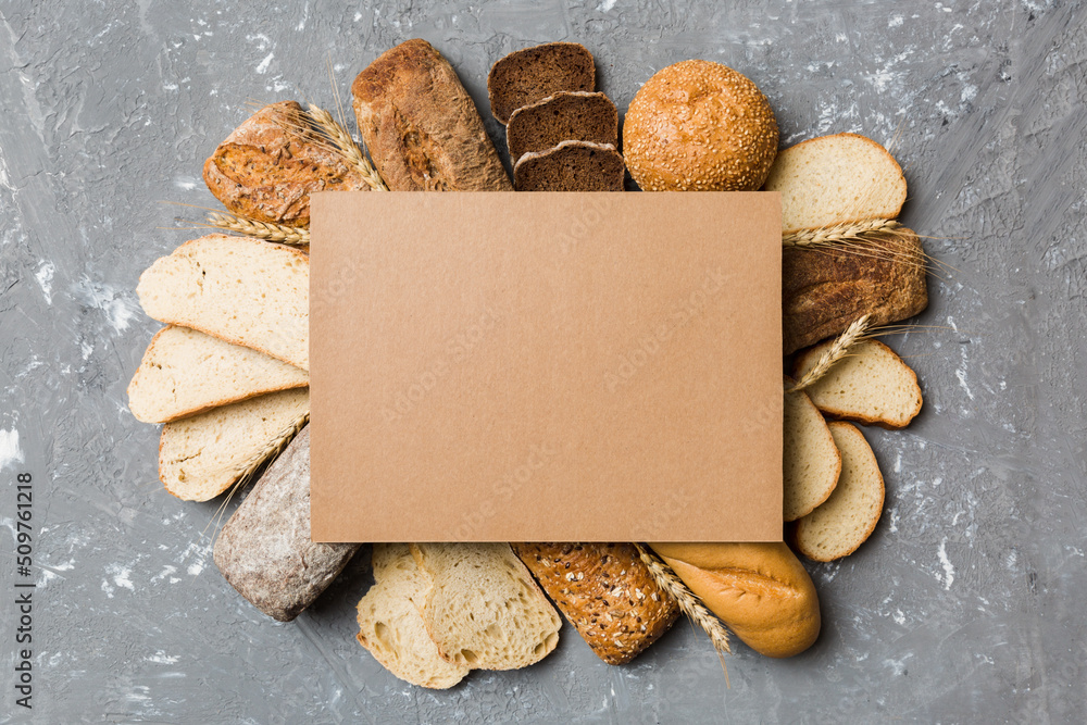 Minimalist paper blank mockup on background of Types of homemade bread ...