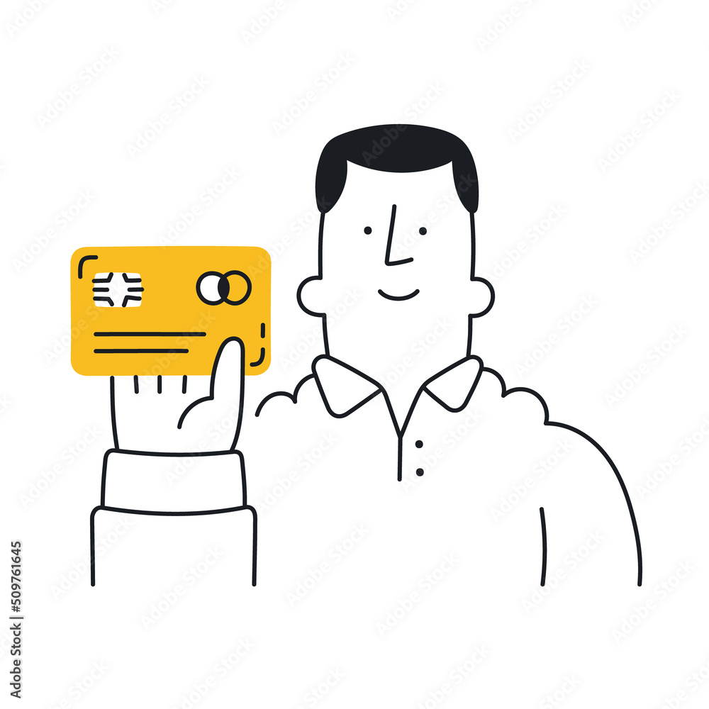 Man holding credit card. Outline, linear, thin line, doodle art. Simple ...