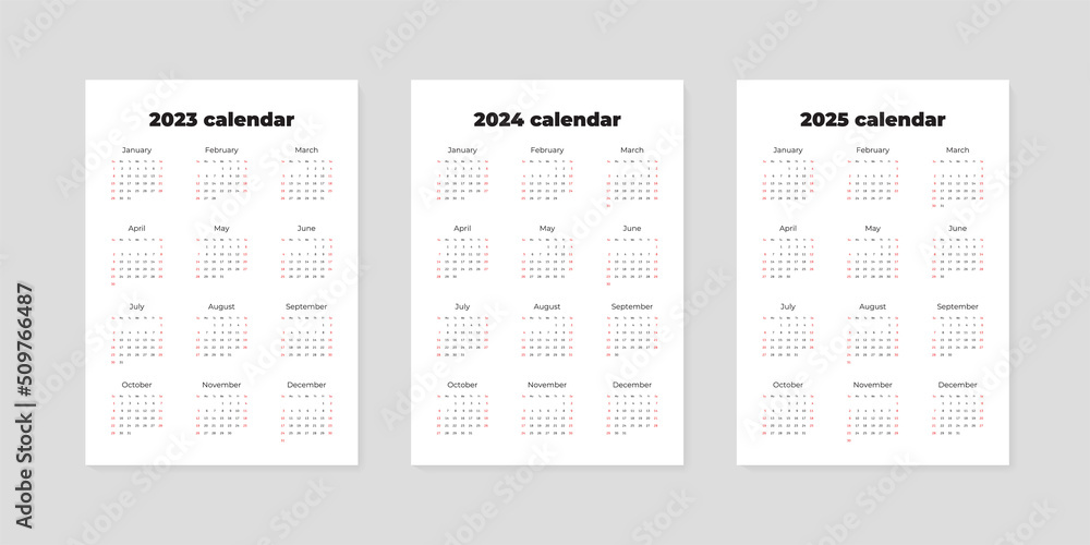 Set of calendars 2023, 2024, 2025. Blank printable vertical one-page ...