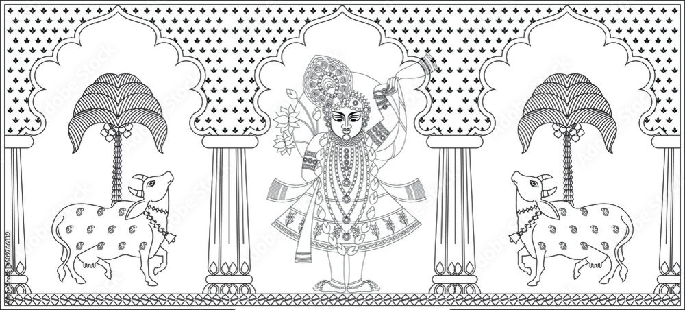 Shrinathji or Lord Krishna as Pichwai folk painting Stock Vector ...