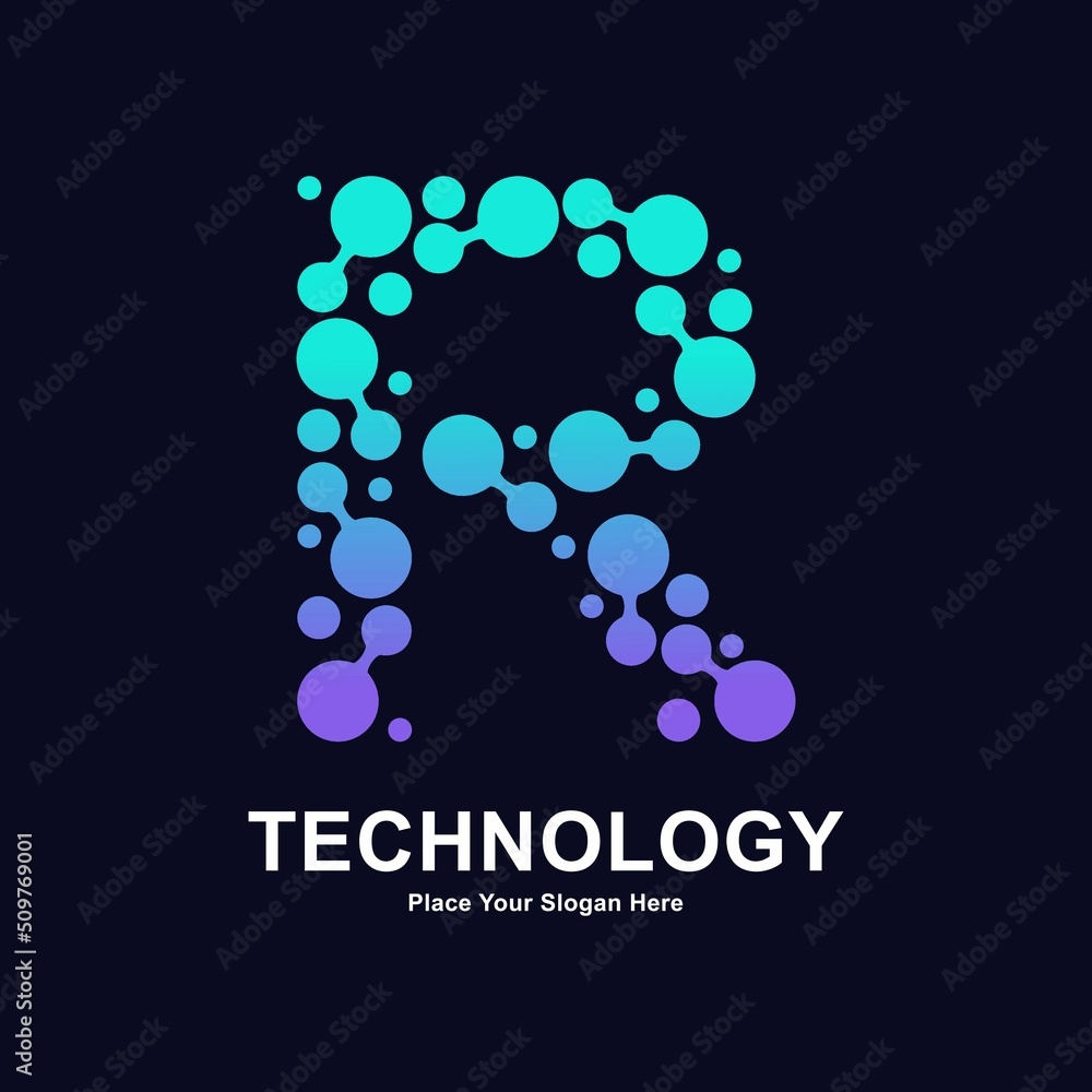 Abstract Letter R with molecule element and dots connection vector logo ...