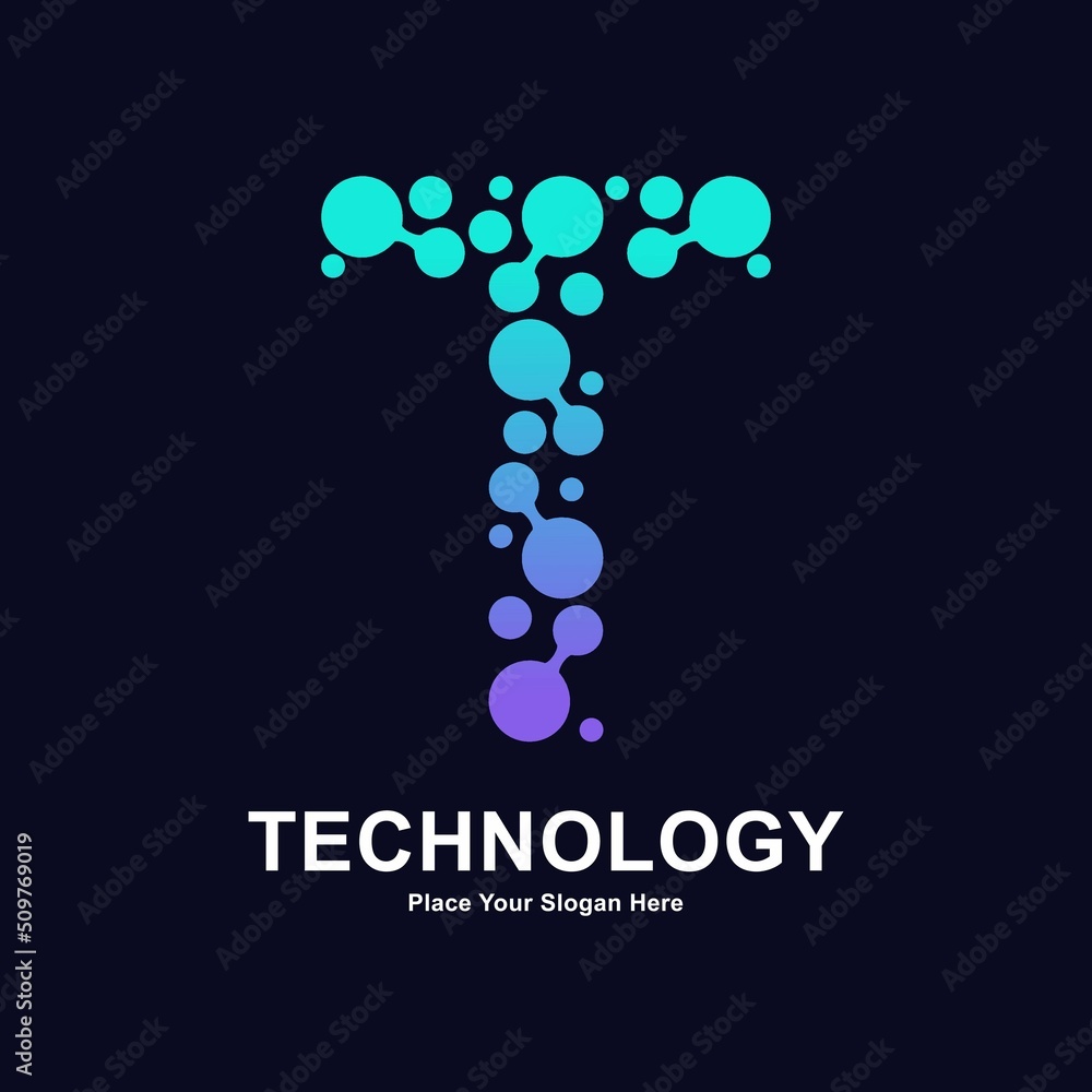 Abstract Letter T with molecule element and dots connection vector logo ...