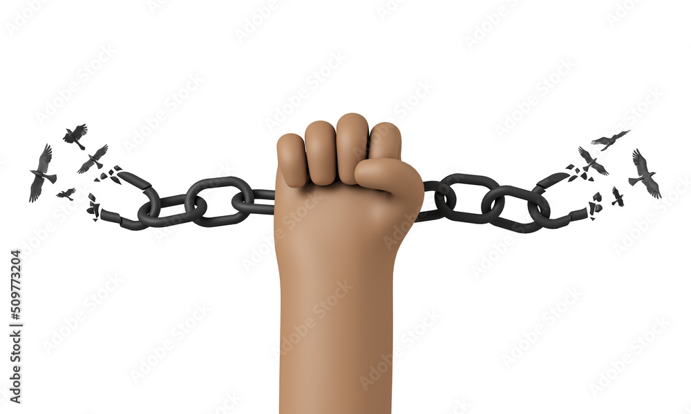 Cartoon style hand breaking free from chains. Chain turns to birds. 3D ...