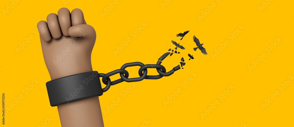Cartoon style hand breaking free from chains. Chain turns to birds. 3D ...