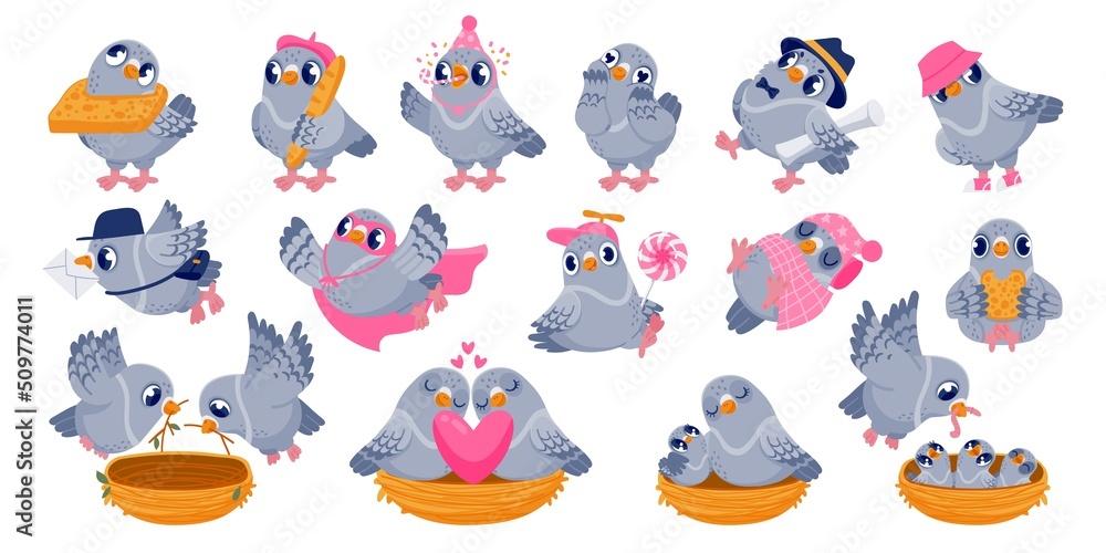Pigeon characters. Cartoon funny birds sitting together and ...