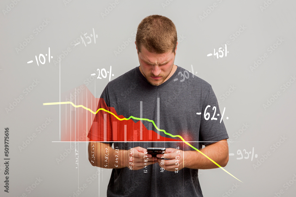 Inflation high and economy collapse, man watching a market chart in ...
