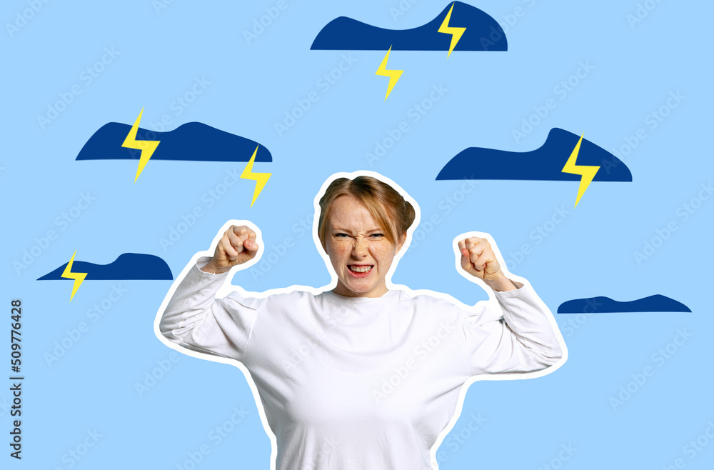 Young angry girl shouting on blue background with drawn clouds and ...