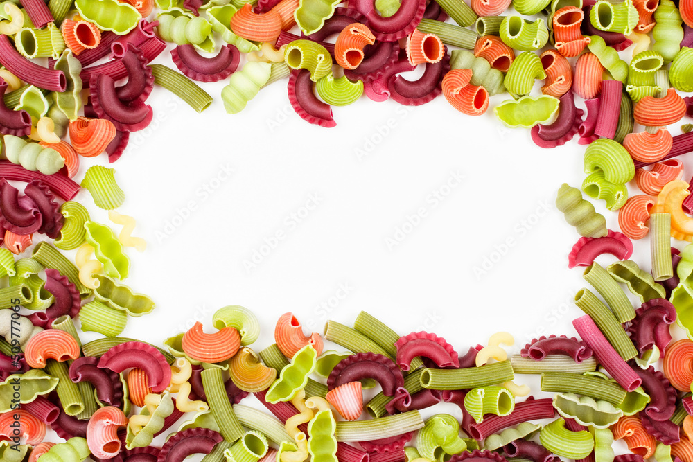 Frame of raw (dry) multicolored pasta of different shapes (tortiglioni ...